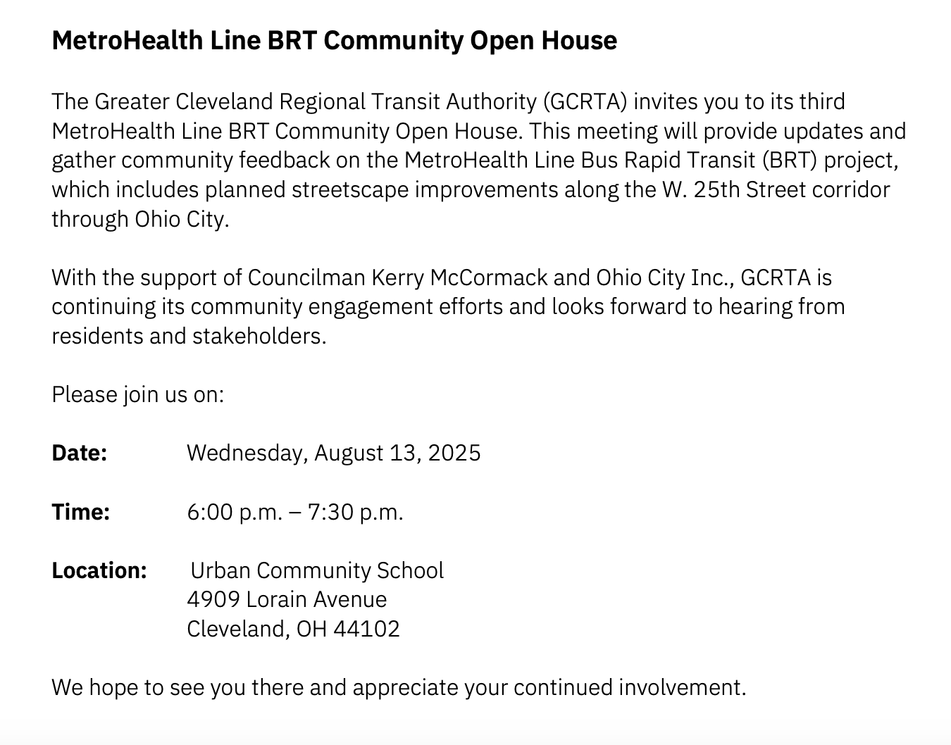 MetroHealth Line BRT Community Open House - Ohio City